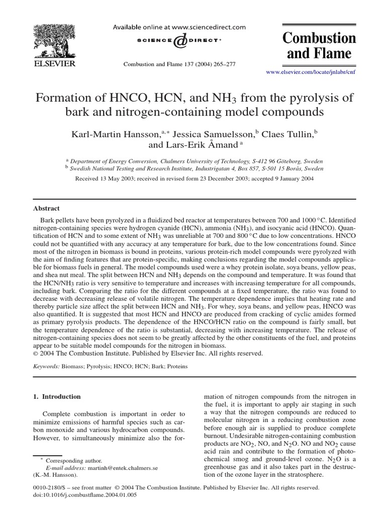 Formation of HNCO, HCN, and NH3 From The Pyrolysis of Bark and Nitrogen ...