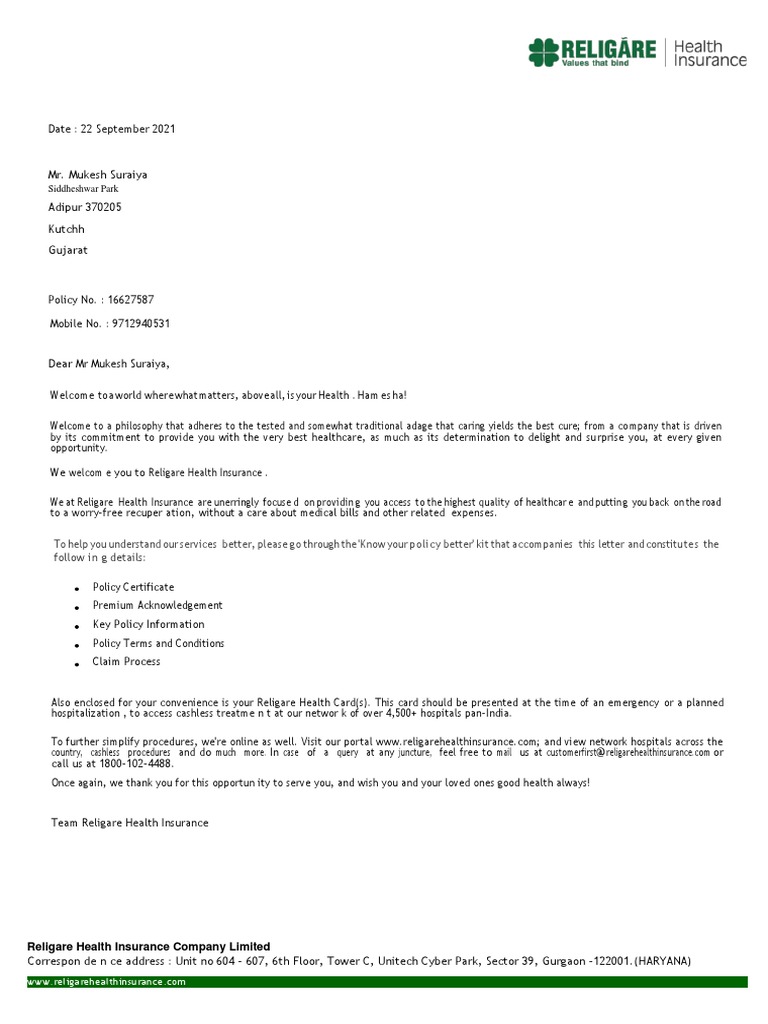 80 D Religare Health Insurace Premium Receipt Rs.21347 | PDF ...