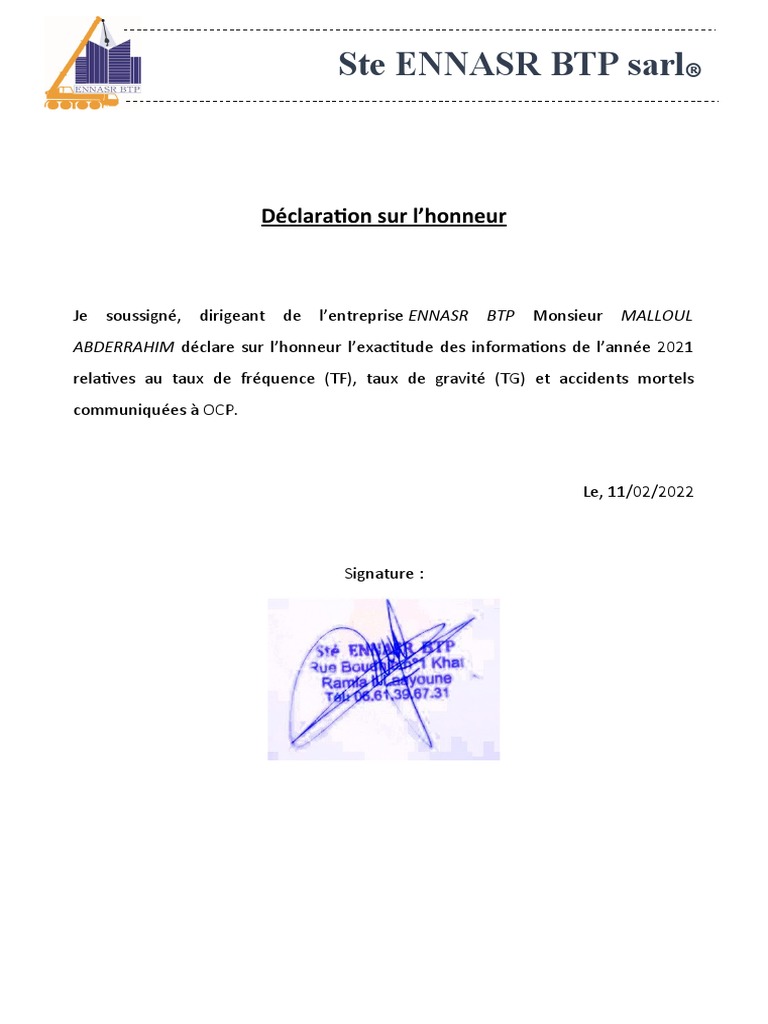 Déclaration Sur L'honneur | PDF