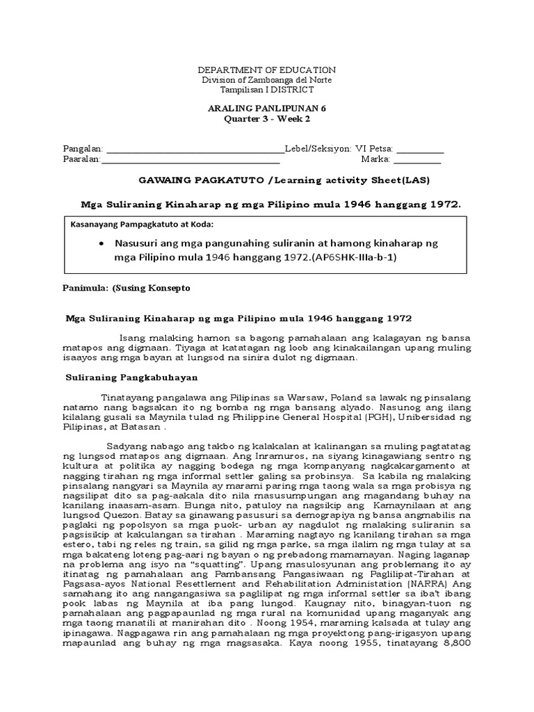 GRADE 6 ArPan LAS Q3 Week 2 Avd | PDF