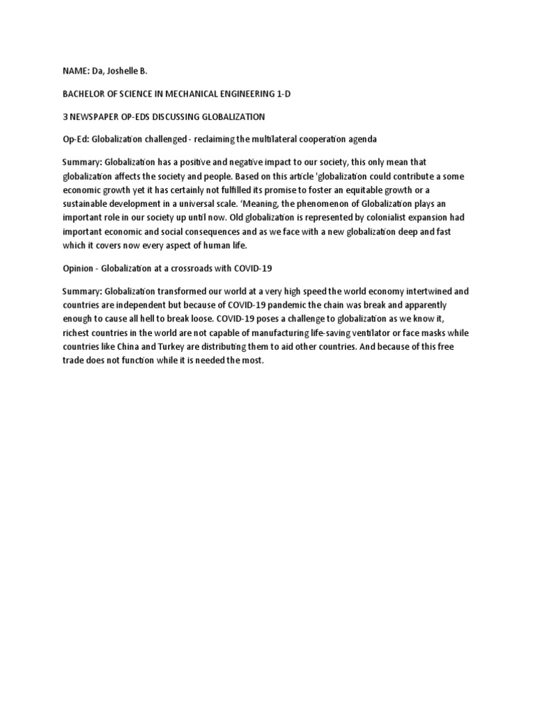 3 Newspaper Op-Eds Discussing Globalization | PDF