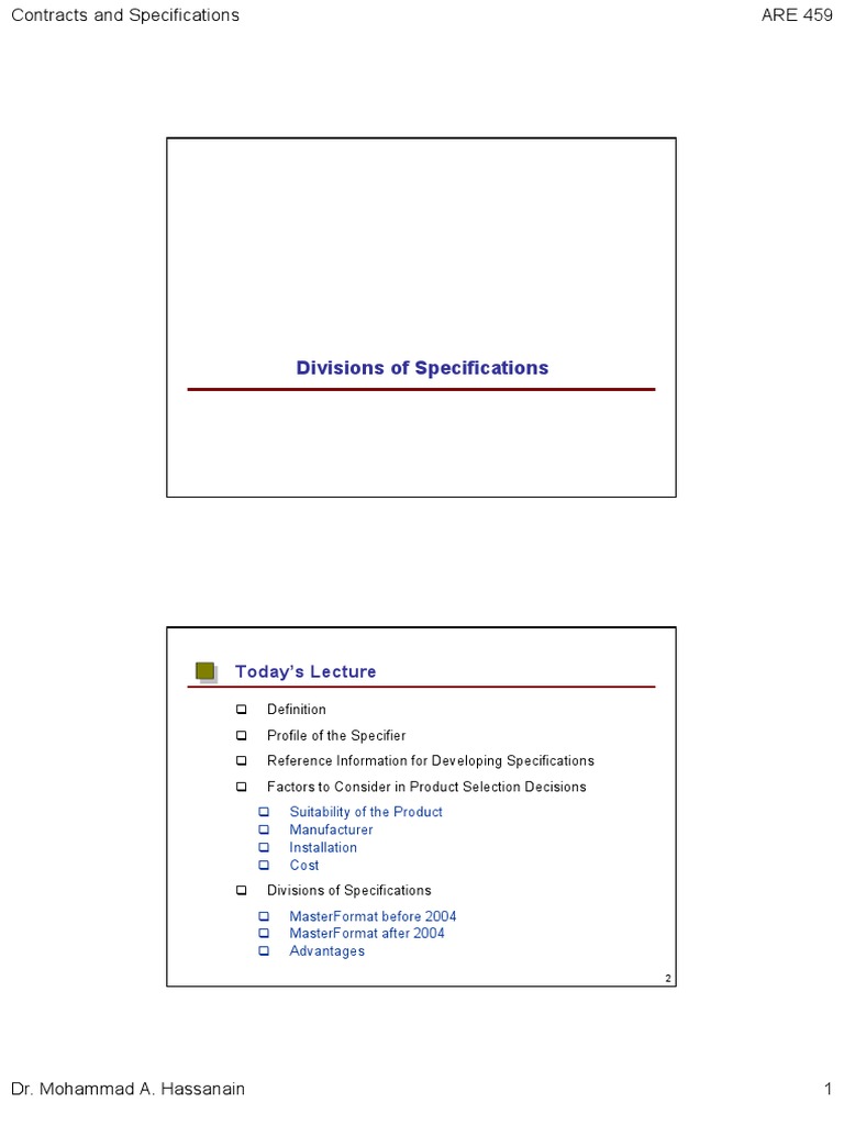Topic 09 - Divisions of Specifications | PDF | Specification (Technical ...