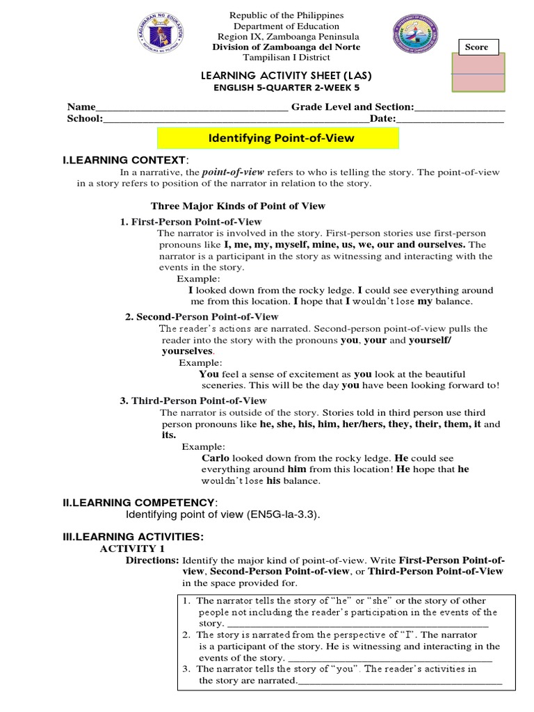 Identifying Point-of-View: A Learning Activity Sheet on Recognizing ...