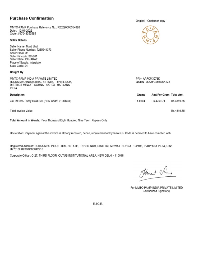 Purchase Confirmation: Seller Details | PDF