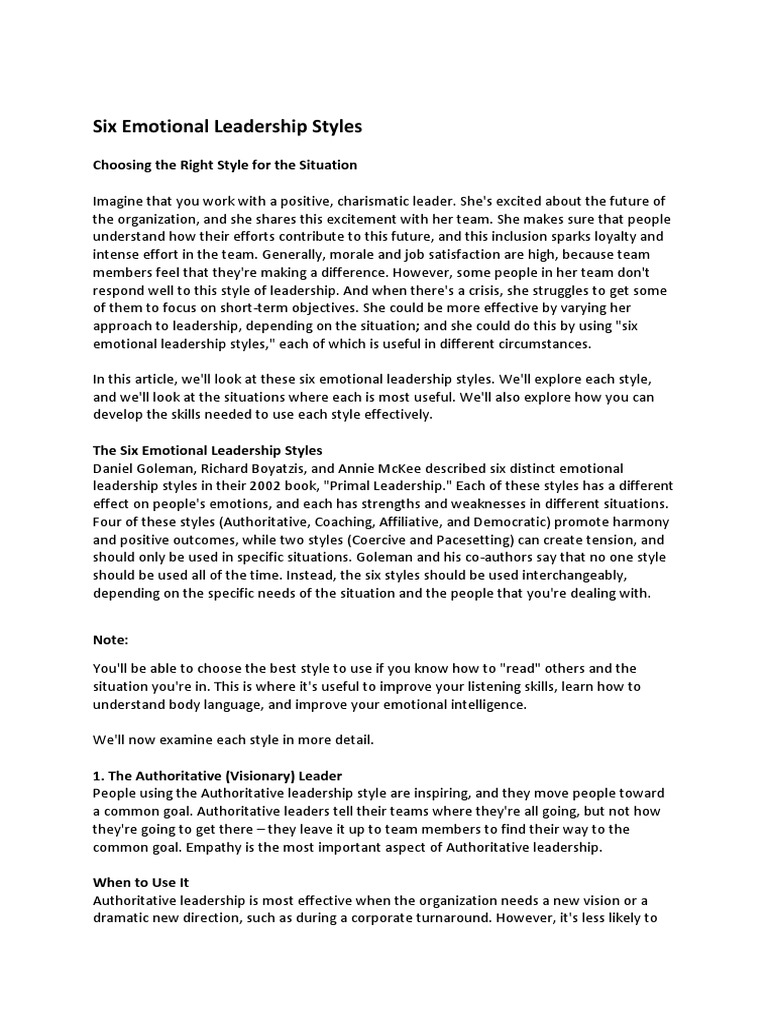 Six Emotional Leadership Styles: Choosing the Right Approach | PDF ...