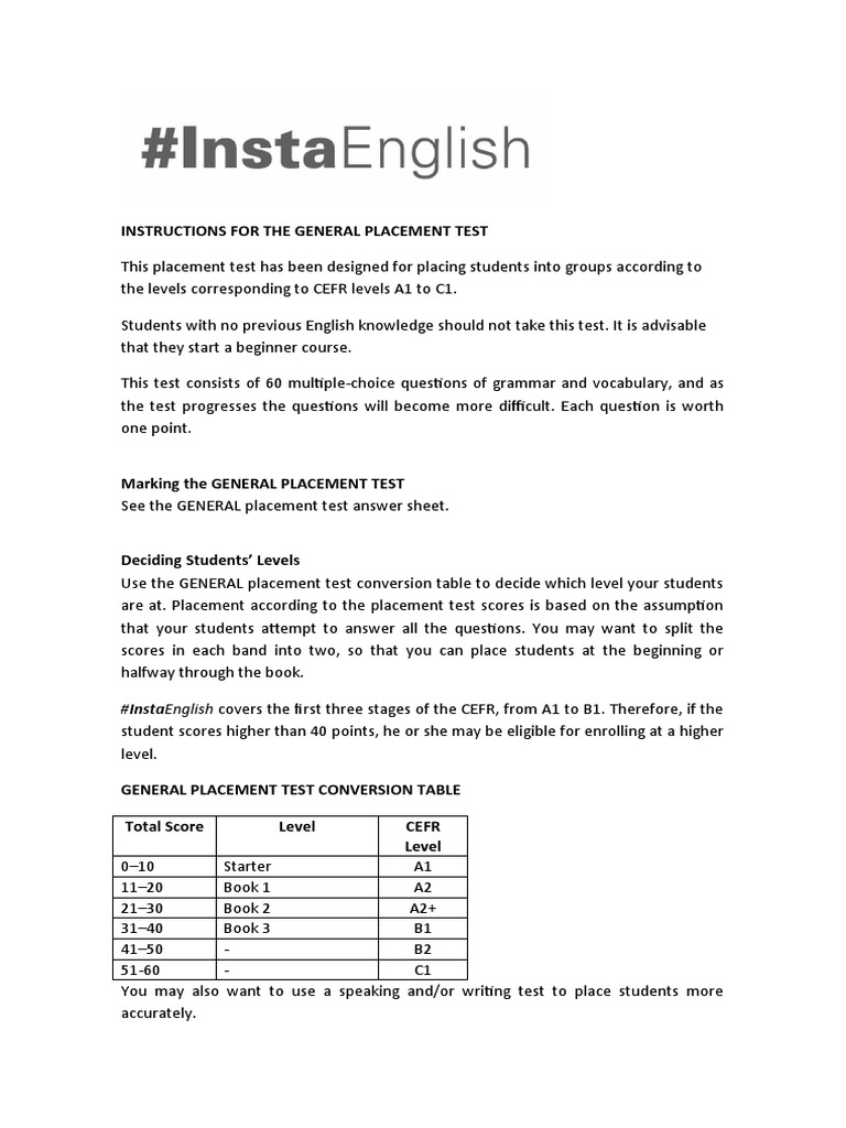 GENERAL PLACEMENT TEST INSTRUCTIONS | PDF