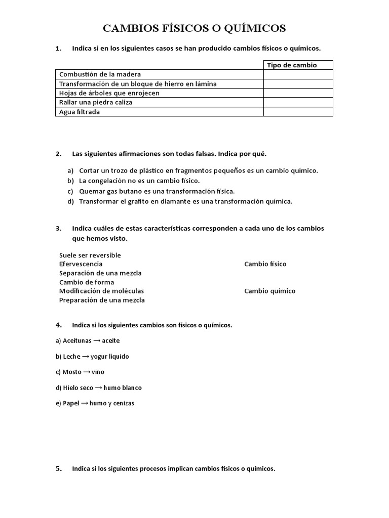Hoja De Trabajo Sobre Cambios Físicos Y Químicos De Química