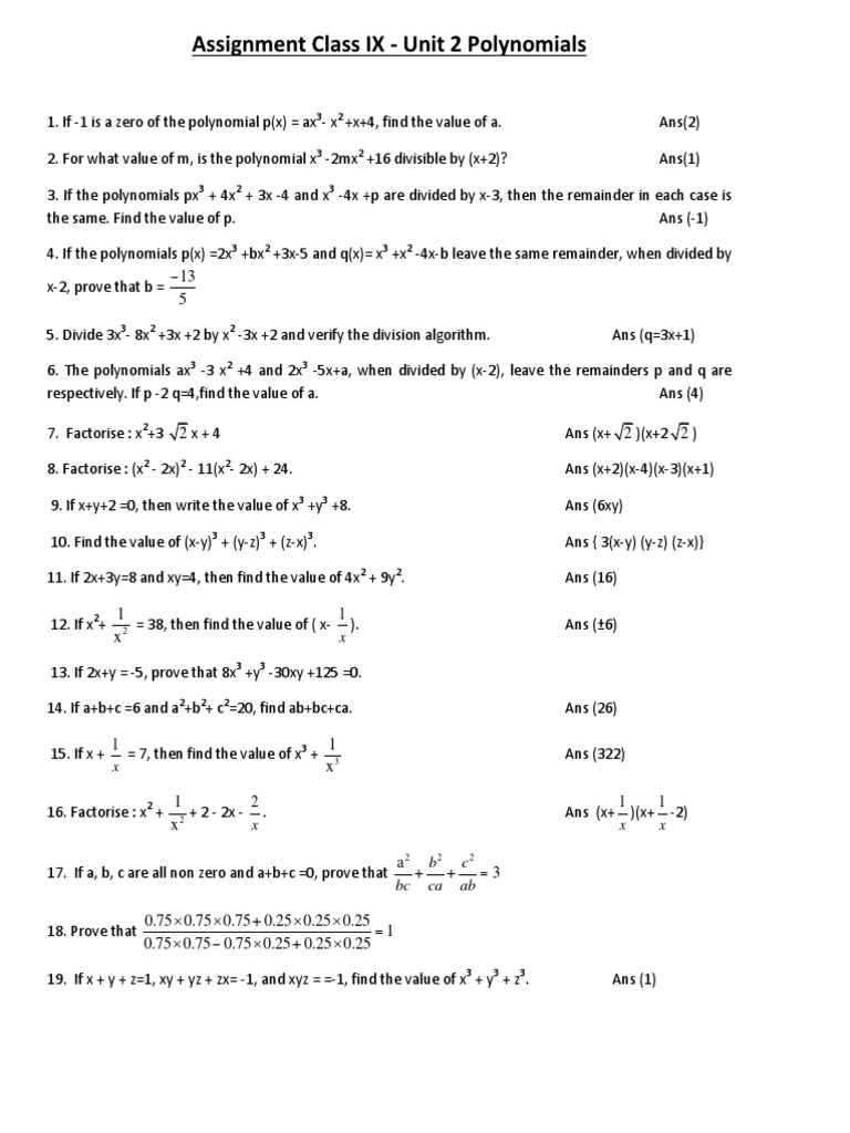 Assignment Class IX - Unit 2 Polynomials | PDF | Factorization | Elementary Mathematics