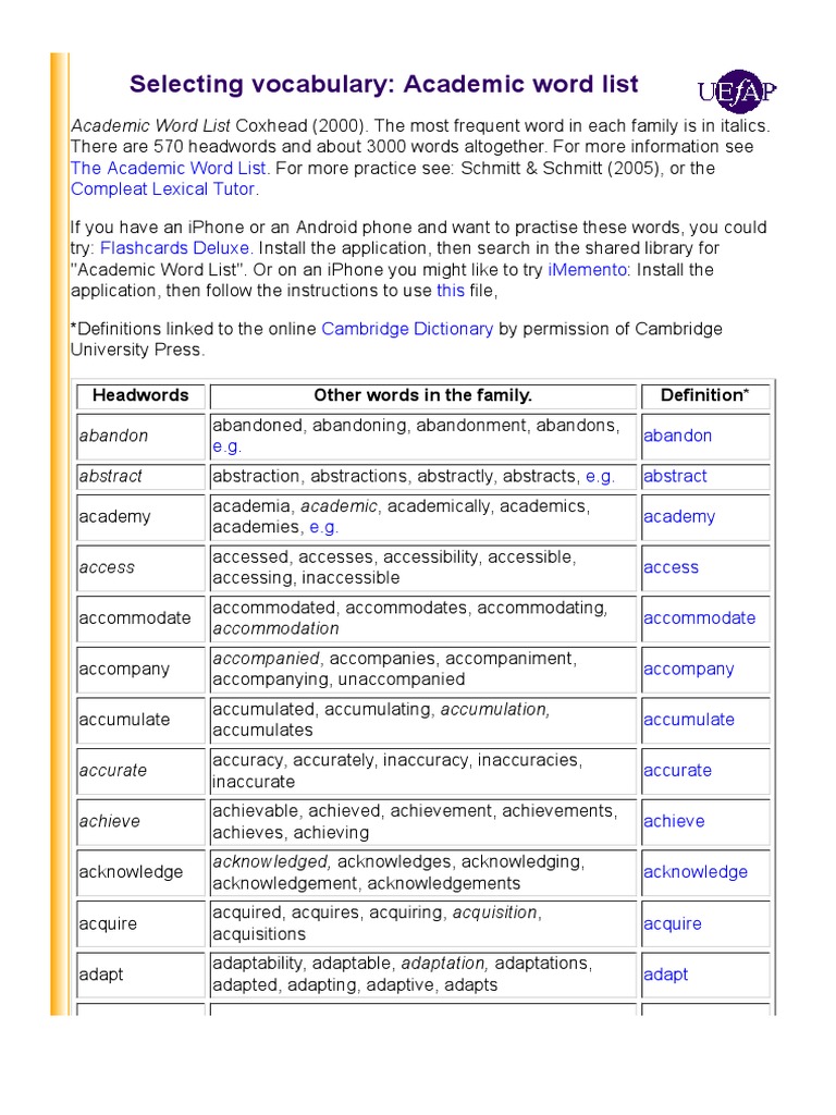 Selecting Vocabulary: Academic Word List | PDF | Hypothesis | Vocabulary