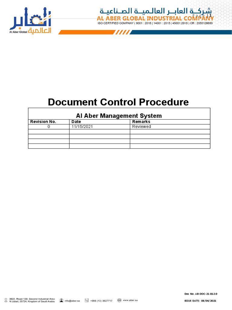 Document Control Procedure AB-DOC-21-012.0 | PDF | Quality Management ...
