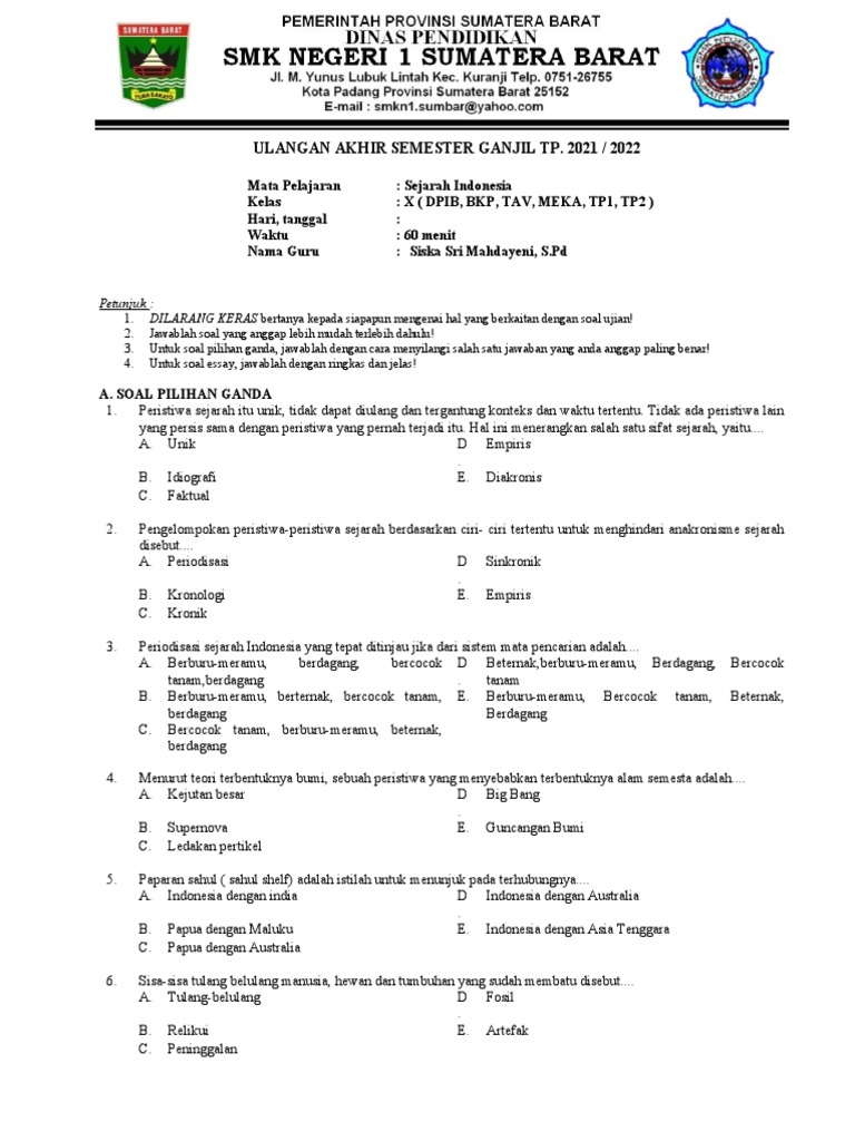 SOAL SEJARAH UAS 1 (Dpib, BKP, Meka, Tav, tp1, tp2) | PDF | Ilmu Sosial