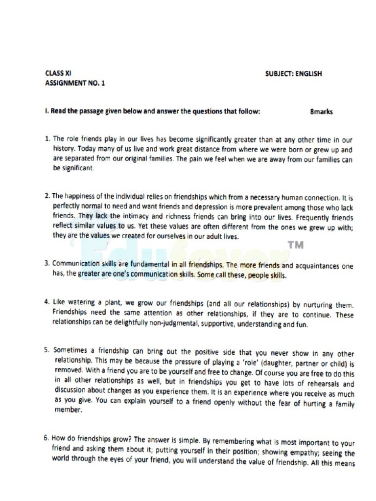 CLASS XI English Assignment 20220112124944841 | Download Free PDF ...