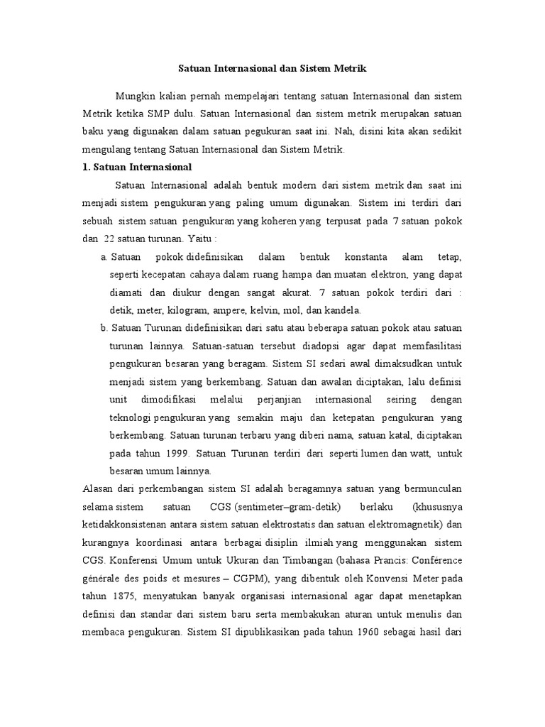 SISTEM METRIK DAN SATUAN INTERNASIONAL | PDF
