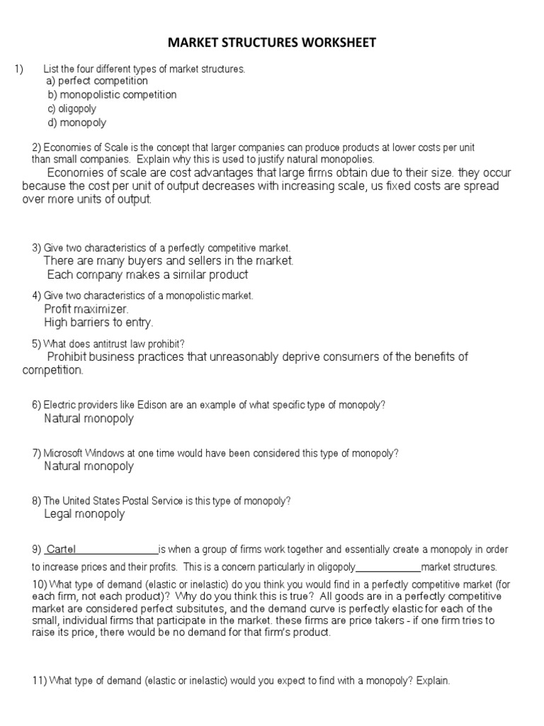 Market Structures Worksheet | PDF | Monopoly | Oligopoly