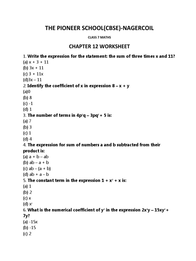 The Pioneer School (Cbse) - Nagercoil: Chapter 12 Worksheet | PDF | Rectangle | Mathematical Objects
