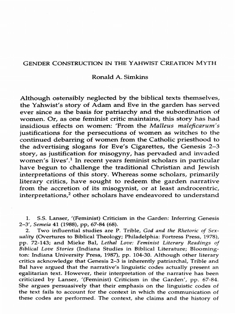 Gender Construction in The Yahwist Creation Myth | PDF | Genesis ...