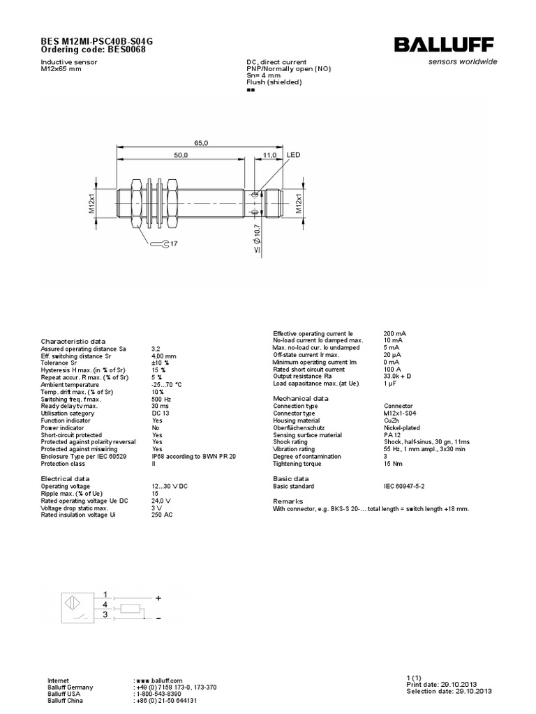 Balluff BES0068 Datasheet | PDF | Switch | Electrical Connector
