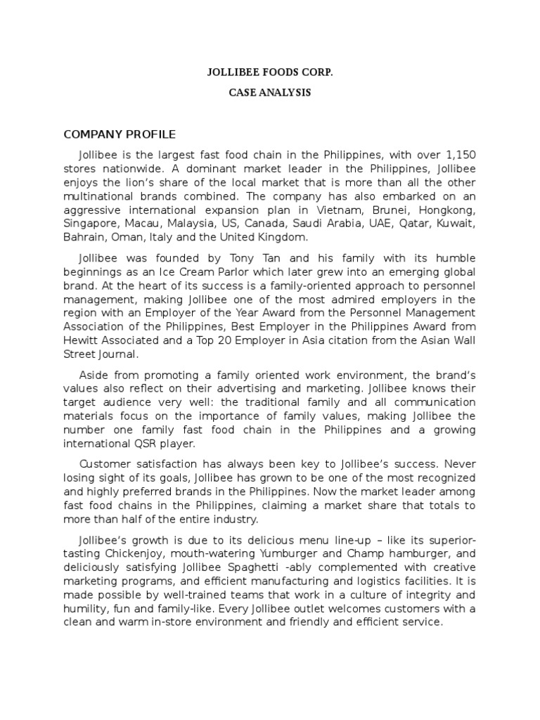 Jollibee Case Analysis | PDF | Profit (Economics) | Fast Food Restaurants