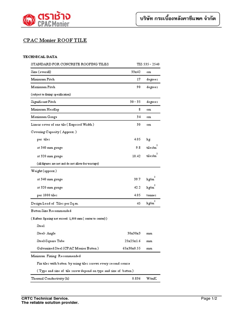 Cpac Monier Roof Tile: (Subject To Fixing Specification) | PDF | Roof ...