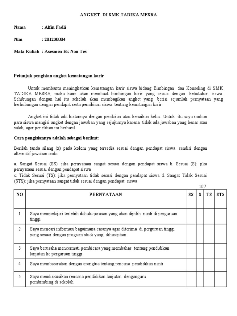 Contoh Angket Untuk Bimbingan Karir Di SMK Tadika Mesra | PDF
