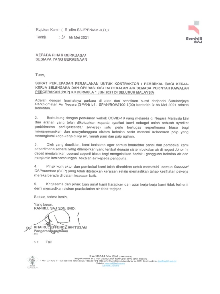 Surat Sokongan 1 - Ranhill SAJ | PDF
