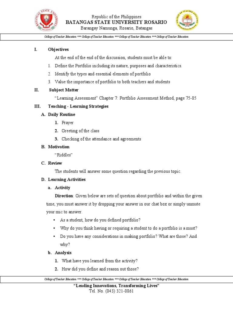 Portfolio Assessment Lesson Plan | PDF | Teacher Education | Lesson Plan