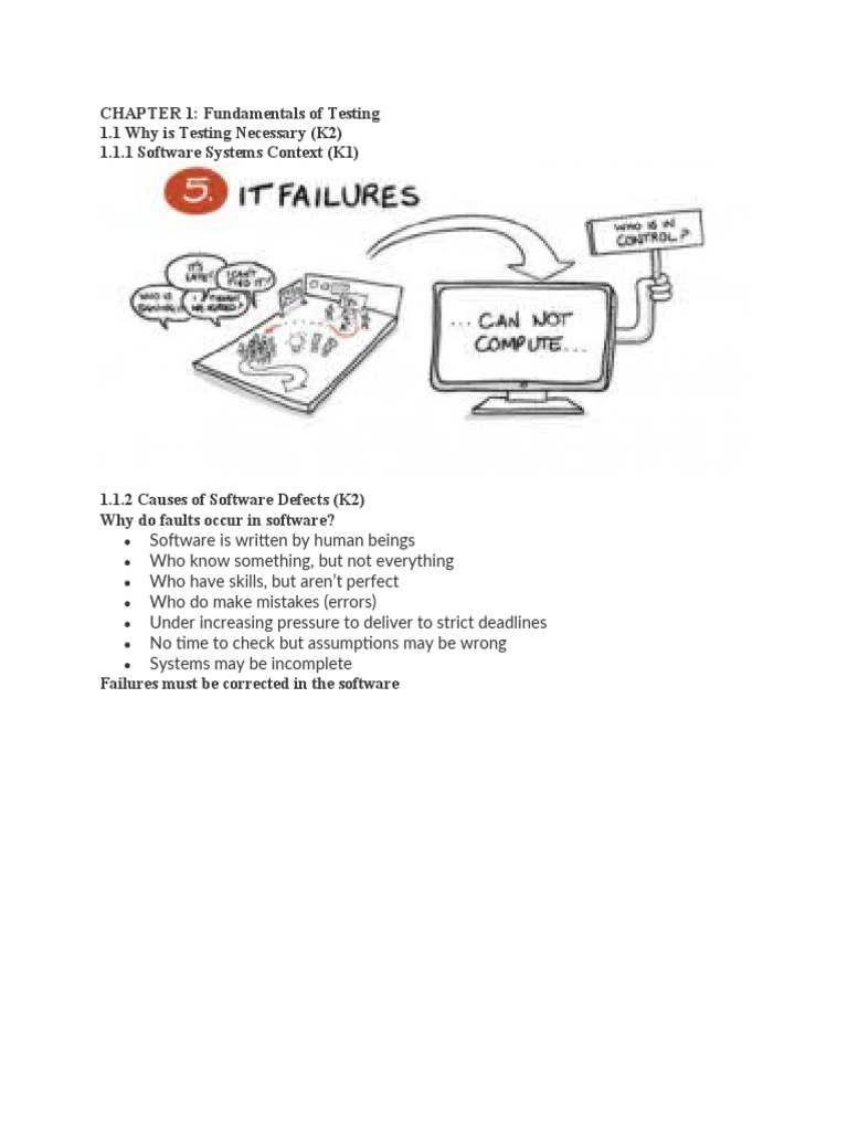 Chapter 1 Fundamentals Of Testing 11 Why Is Testing Necessary K2 111 Software Systems 