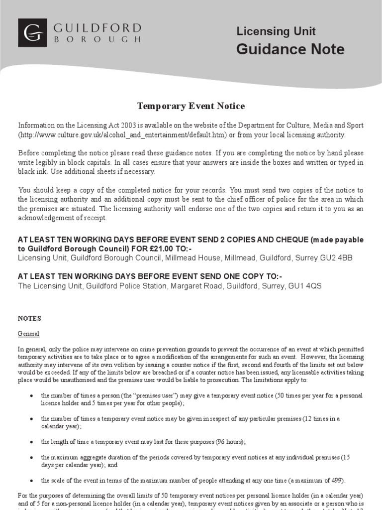 Guidance Note: Temporary Event Notice | PDF | License | Government ...