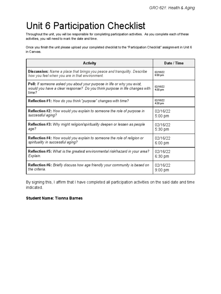 Unit 6 Participation Checklist | PDF | Career & Growth