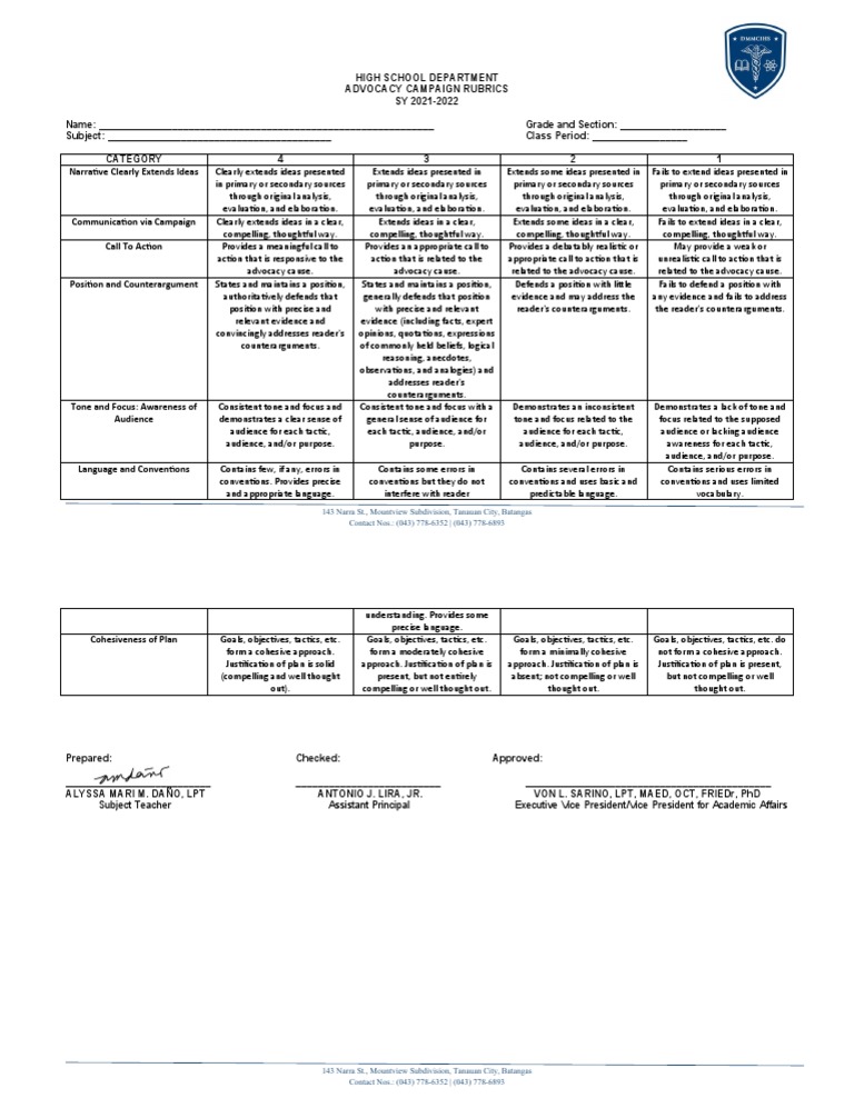 High School Advocacy Campaign Rubrics | PDF | Communication | Cognitive ...