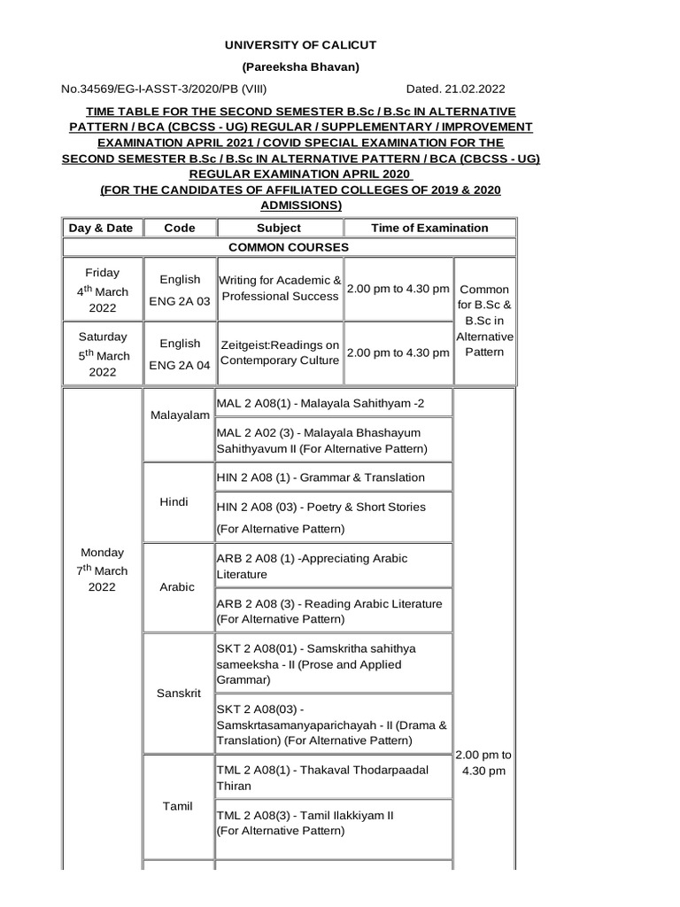 Bca Exam Time Table | PDF | Science
