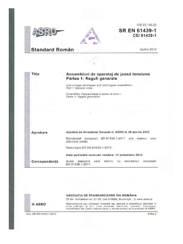 SR EN 61439-1-2012 Ansamblu-De-Aparataj-De-Jt-Reguli-Ge | PDF