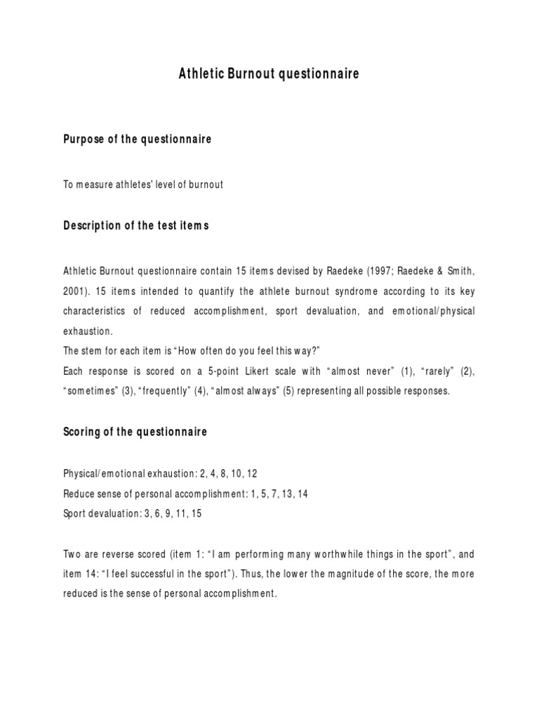 Athletic Burnout Questionnaire | PDF | Occupational Burnout ...