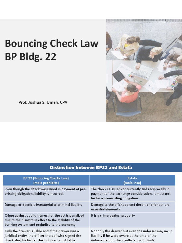 Bouncing Check Law BP Bldg. 22: Prof. Joshua S. Umali, CPA | Download Free PDF | Legal Liability ...