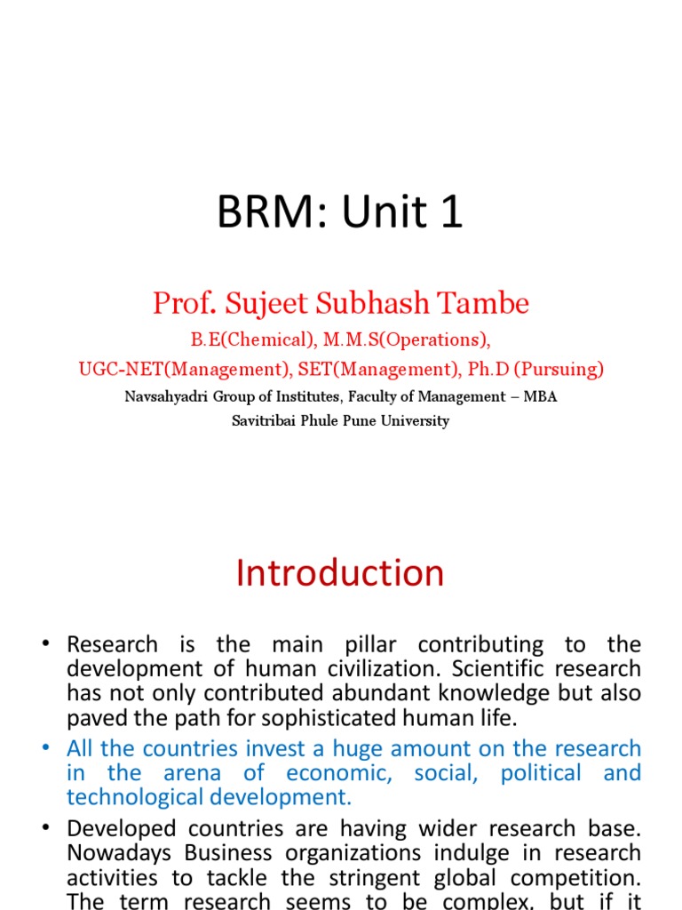 BRM: Unit 1: Prof. Sujeet Subhash Tambe | PDF | Scientific Method | Science
