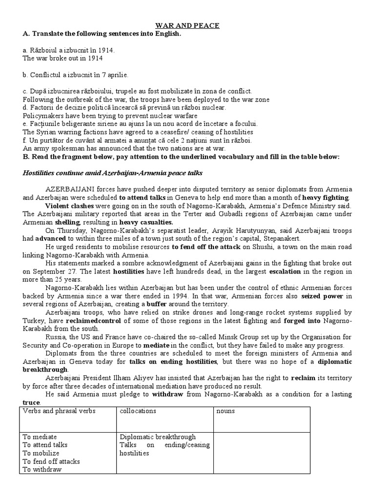 Unit 2 - War and Peace - Worksheet I | PDF | Armenia | Azerbaijan