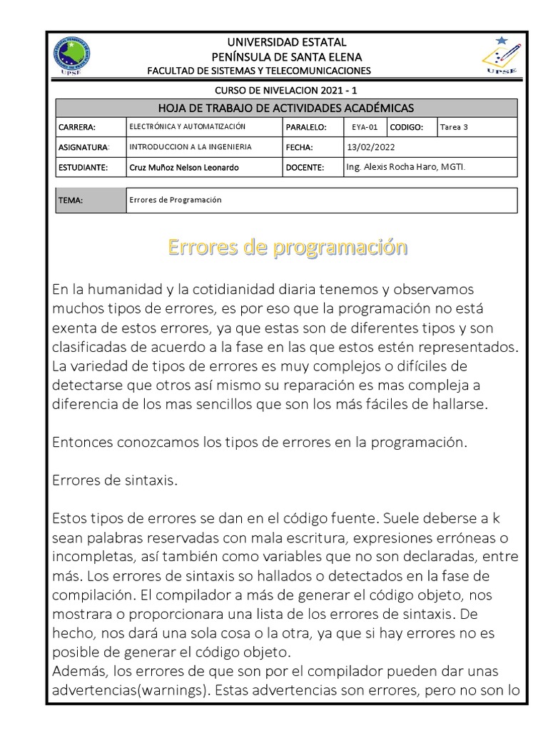 TAREA #3 Errores de Programacion | PDF | Error de programación | Compilador