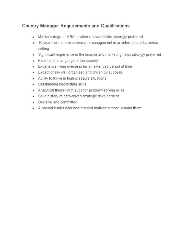 Country Manager Requirements and Qualifications | PDF