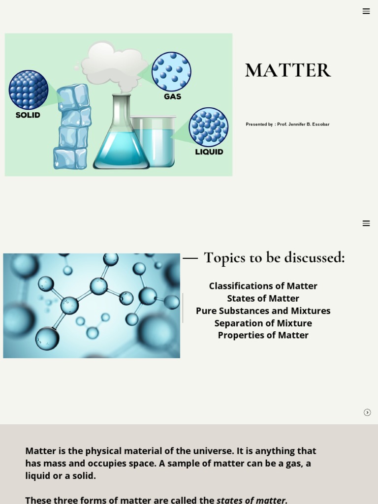 Matter: Presented By: Prof. Jennifer B. Escobar | PDF | Liquids | Gases
