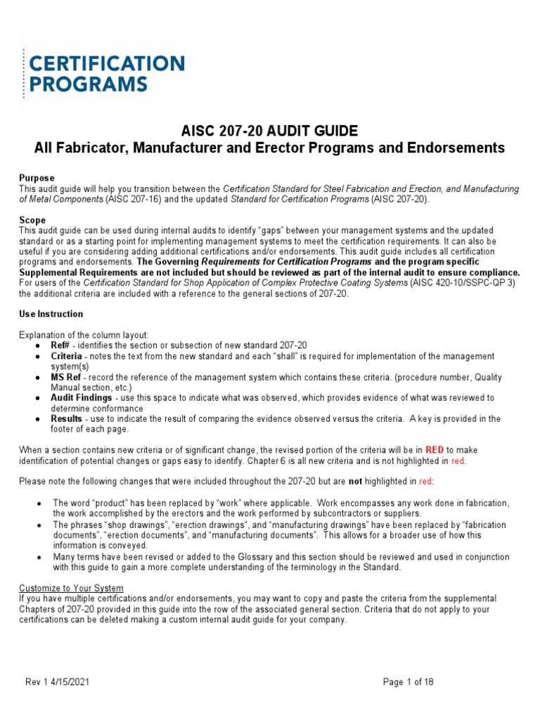 AISC 207-20 Audit Guide Overview | PDF | Audit | Calibration