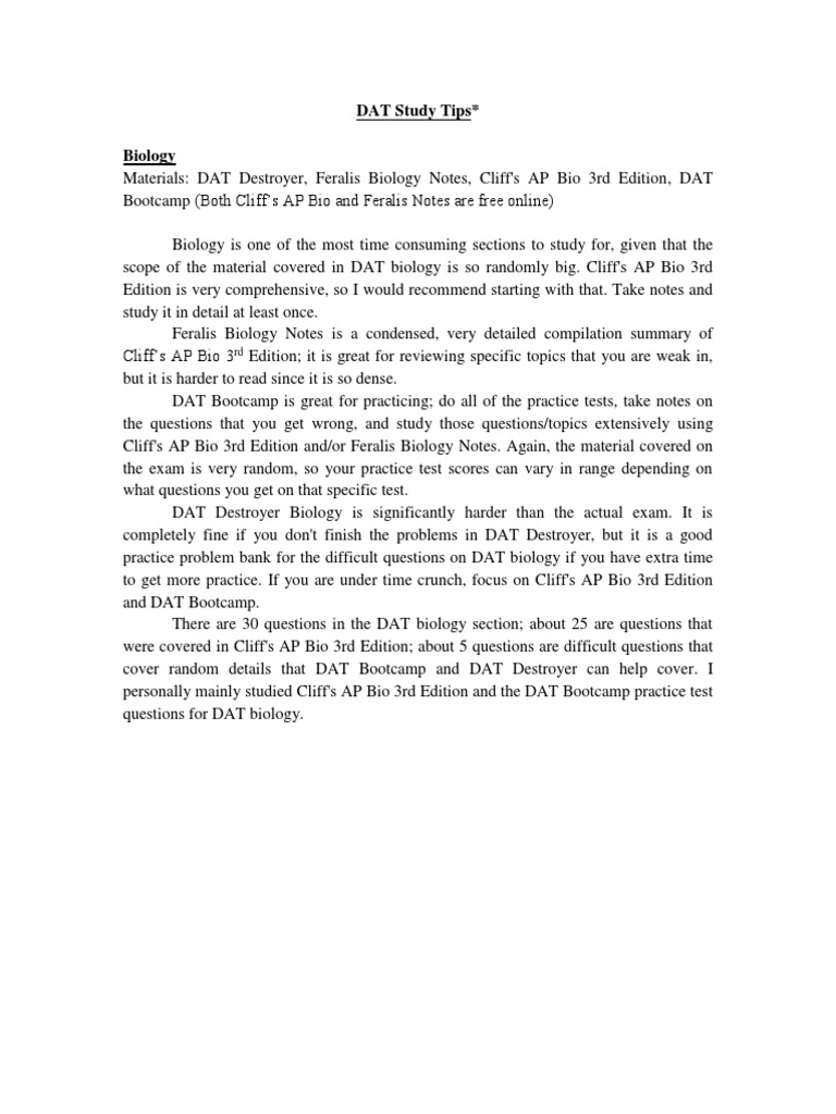 DAT Study Tips for Biology, Chemistry, Organic Chemistry, PAT, Reading ...