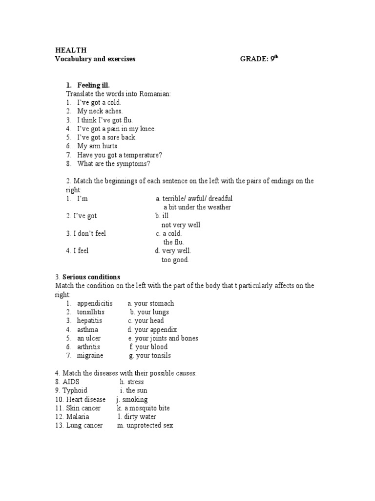 Health Vocabulary and Exercises Grade: 9 1. Feeling Ill | PDF ...