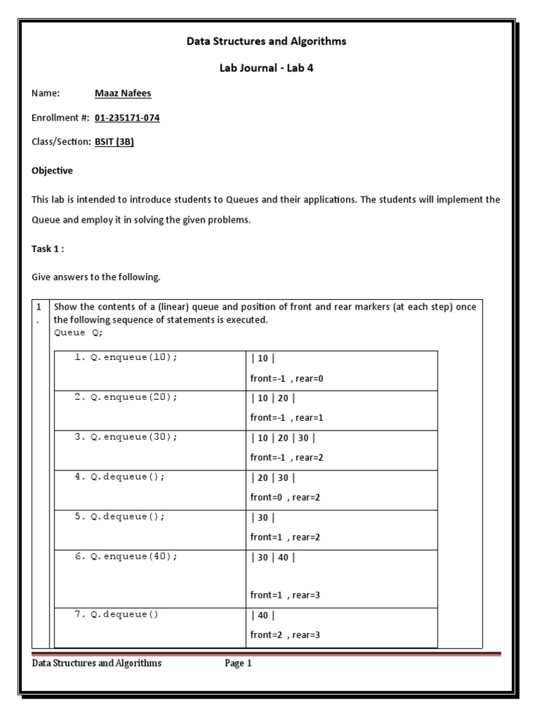 Data Structures And Algorithms Lab Journal Lab 4 Maaz Nafees Pdf Queue Abstract Data 