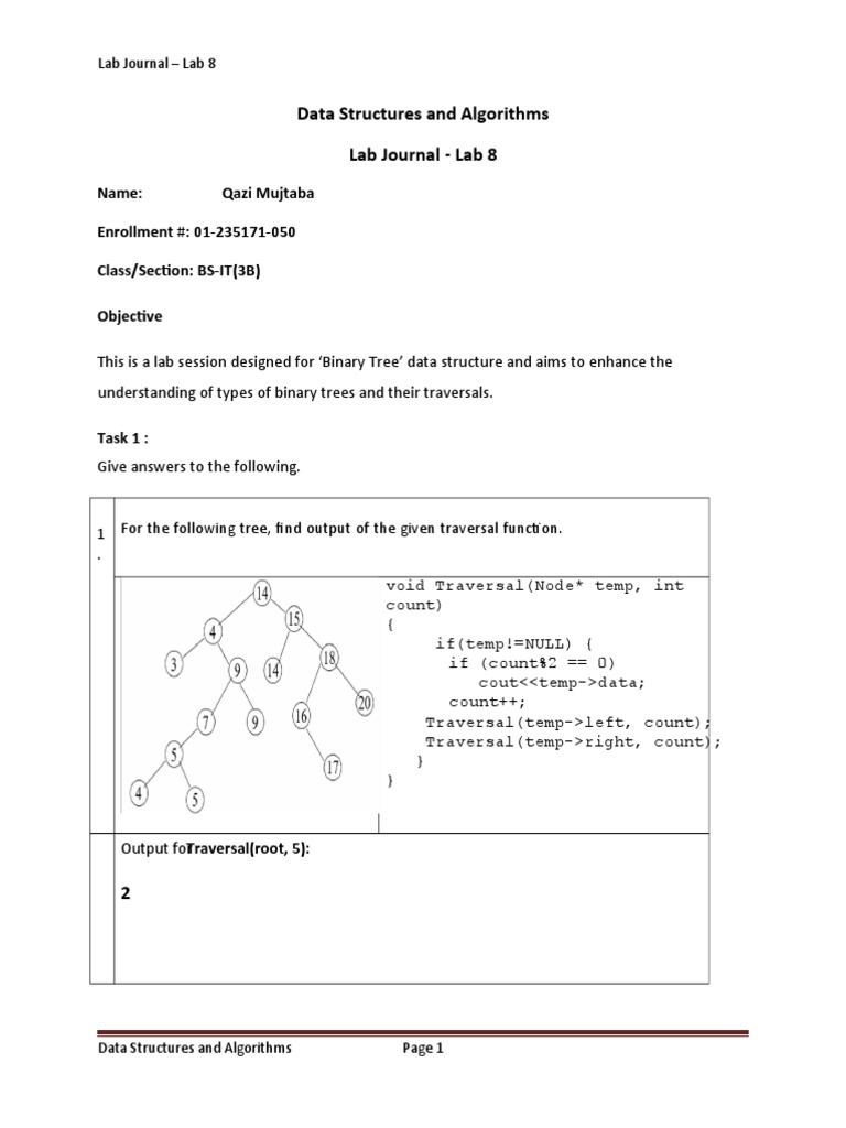 Data Structures and Algorithms Lab Journal - Lab 8 | PDF | Applied ...