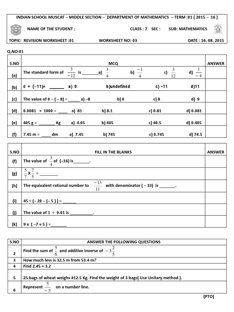 Class VII Maths Revision Worksheet | PDF | Rational Number | Decimal