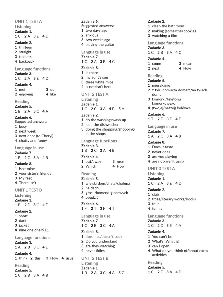 Unit Test Answers for English Levels | PDF