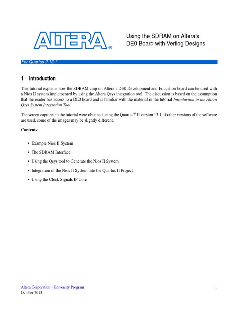 Using The SDRAM On Altera's DE0 Board With Verilog Designs: For Quartus II 13.1 | PDF | Field ...