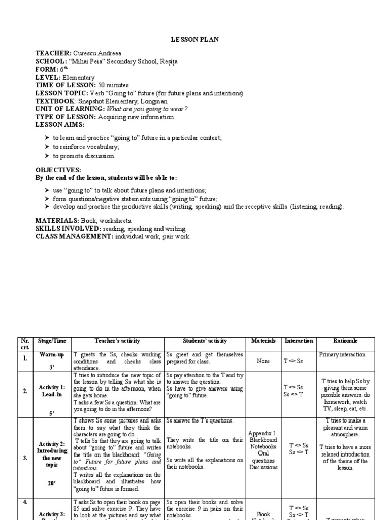 Lesson Plan - Going To Future Predare | PDF | Lesson Plan | Worksheet
