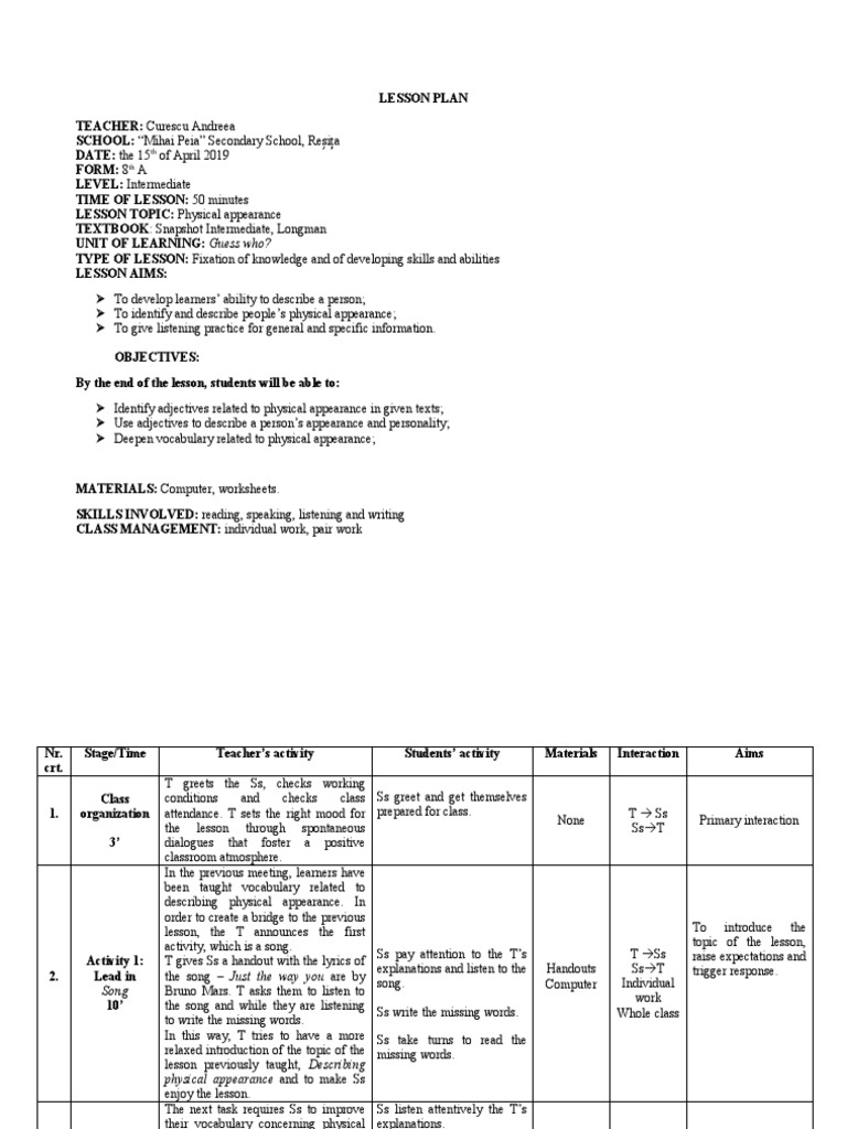 Lesson Plan Viii Describing Appearance | PDF | Lesson Plan | Learning