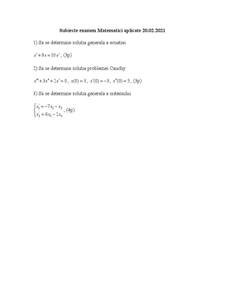 Subiecte Examen Matematici Aplicate 20.02.2021 | PDF